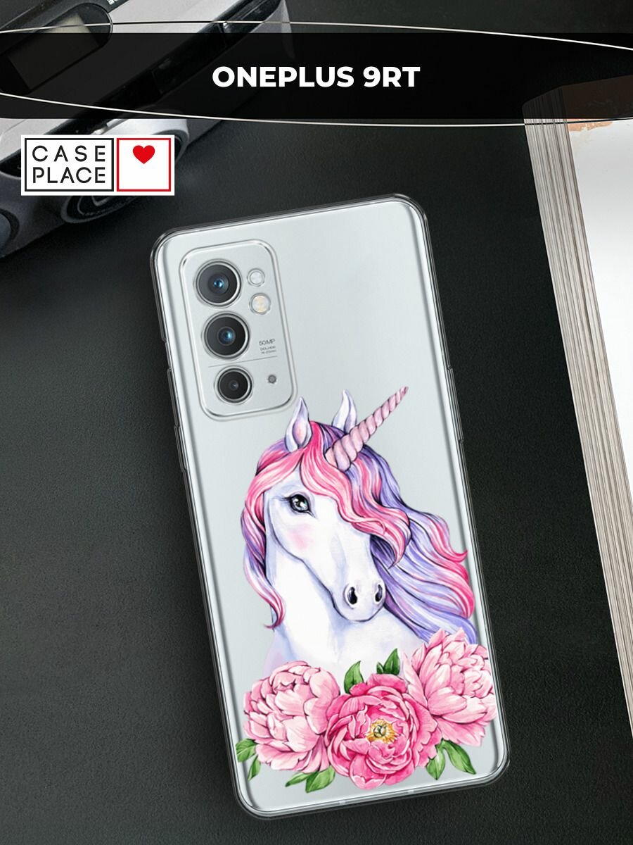 Чехол на OnePlus 9RT / ВанПлас 9RT с принтом "Единорог с пионами", прозрачный