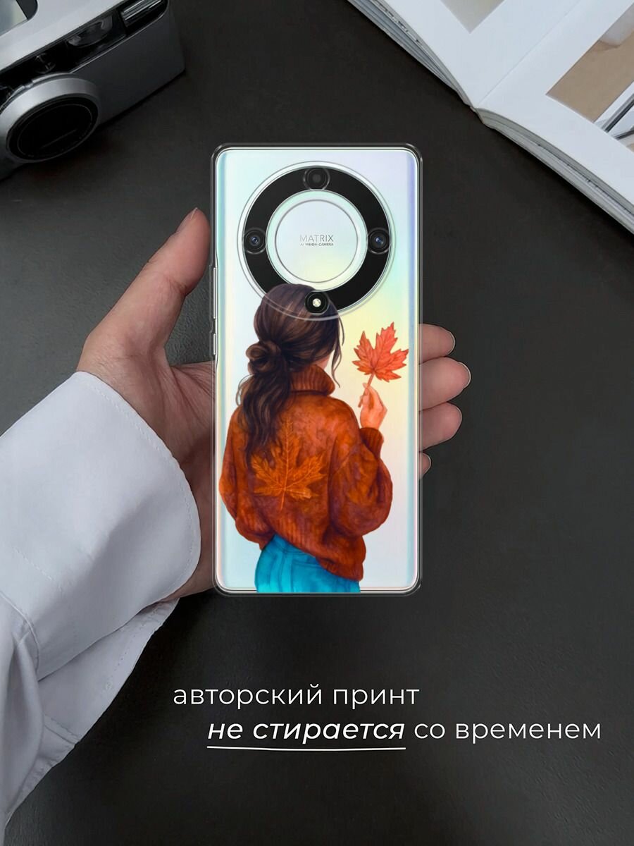 Чехол на Honor X9A / Хонор X9A с принтом "Девушка с опавшим листом", прозрачный — фото 1