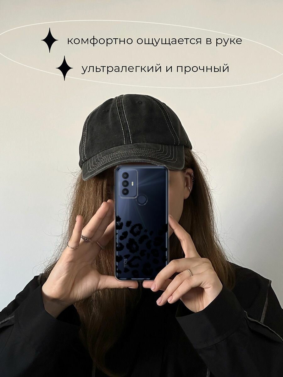 Чехол на TCL 30E/30 SE/305/306 / ТСЛ 30E с принтом "Окрас леопарда фон черный", прозрачный — фото 1