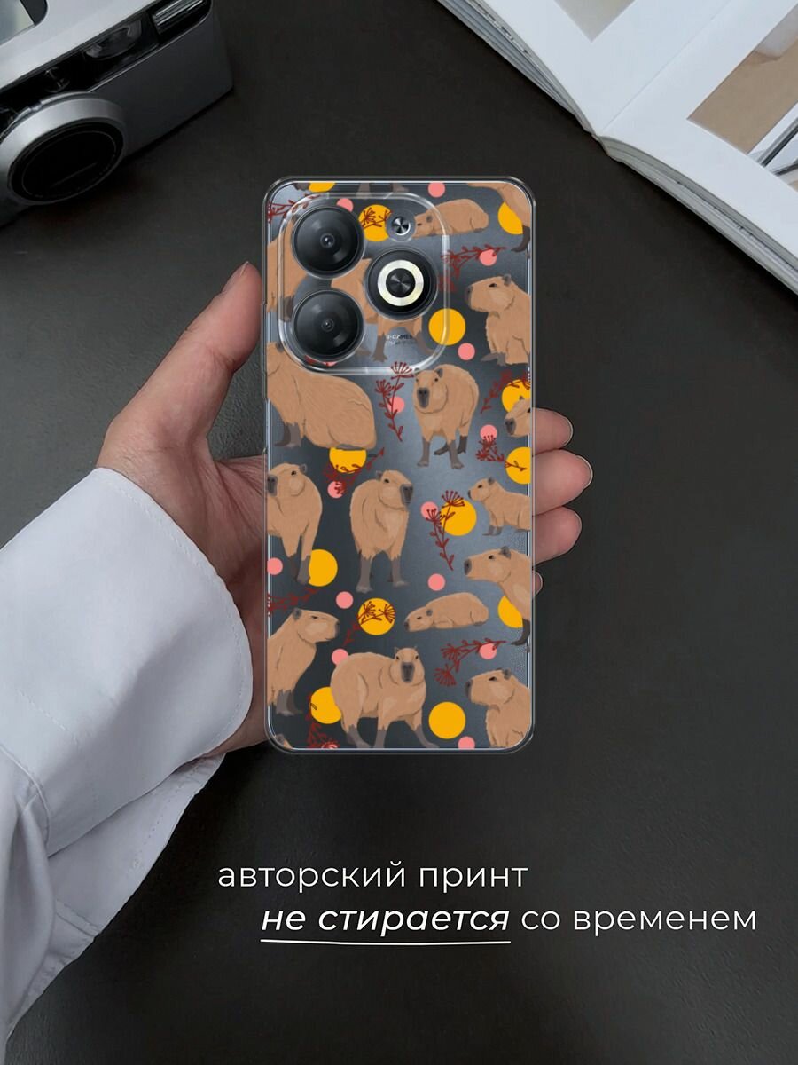 Чехол на Infinix Smart 8/8 HD/HOT 40i / Инфиникс Смарт 8/8 HD/HOT 40i с принтом "Капибара паттерн", прозрачный — фото 1