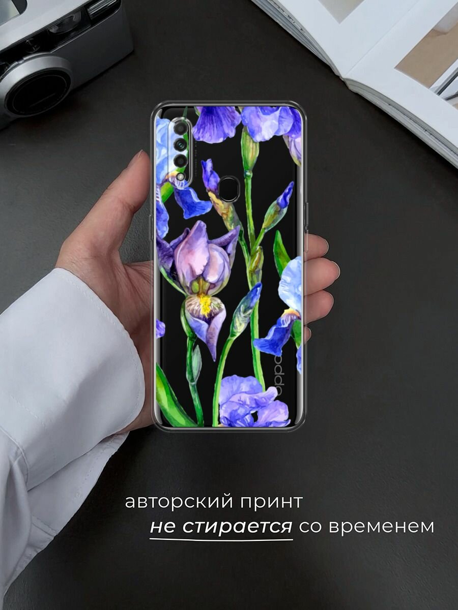 Чехол на Oppo A31 / Оппо А31 с принтом "Синие ирисы", прозрачный — фото 1