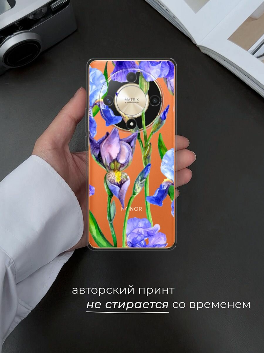 Чехол на Honor X9b / Хонор X9B с принтом "Синие ирисы", прозрачный — фото 1