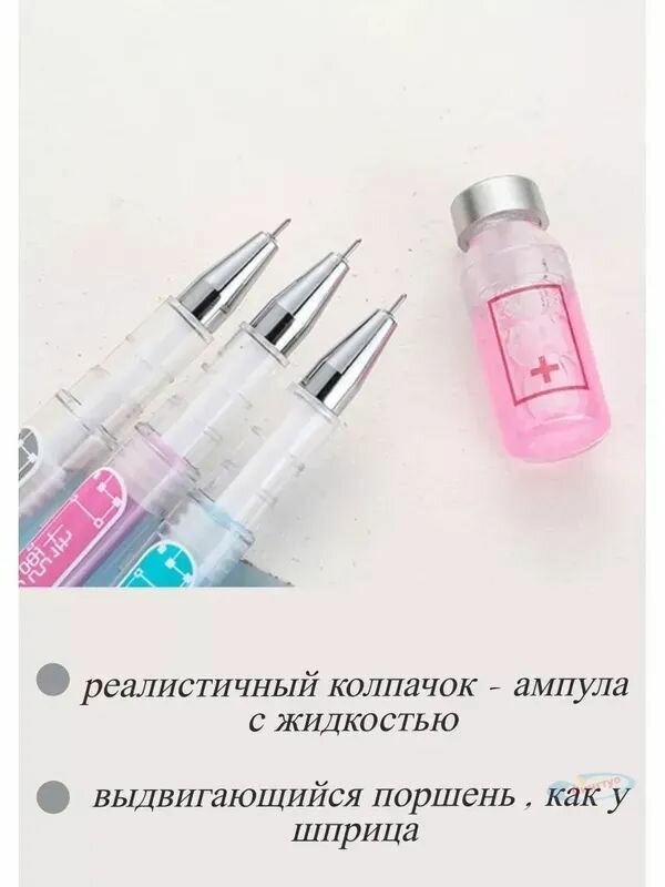 3 шт Ручки черные гелевые прикол шприц