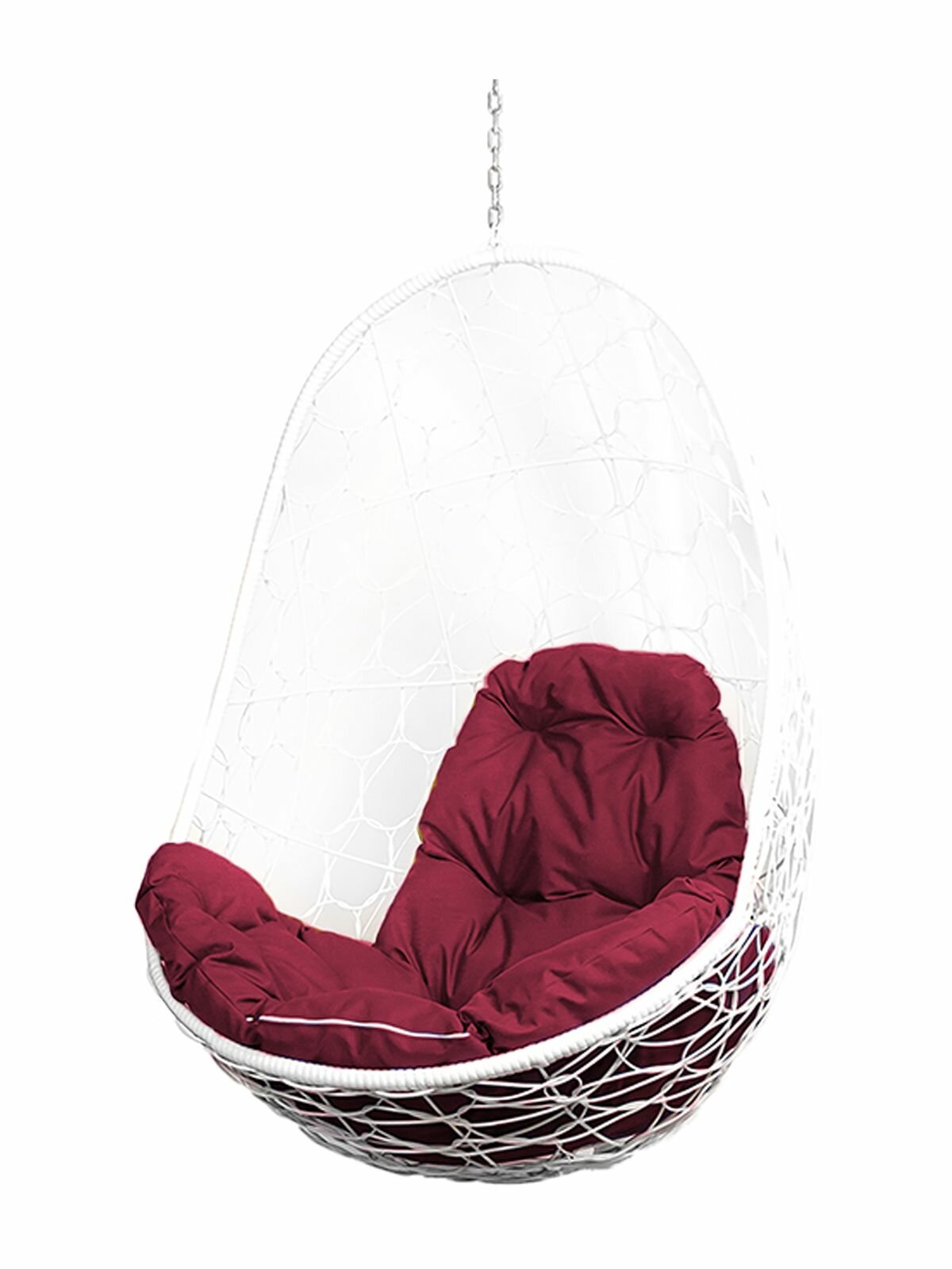 Подвесное кресло овал (без стойки), с ротангом белое, бордовая подушка