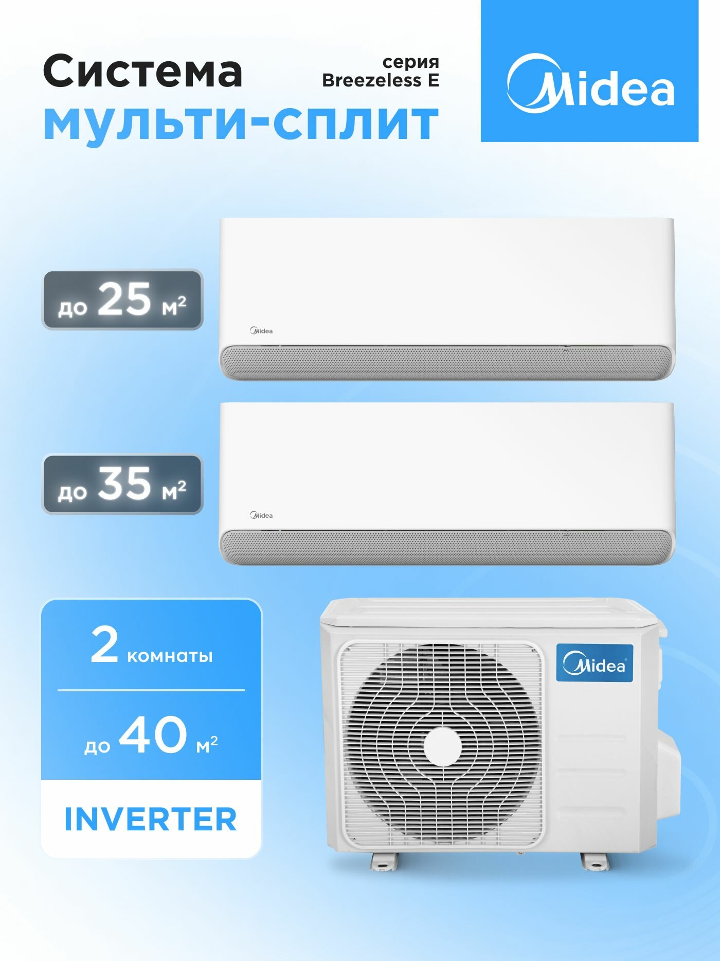 Мульти сплит система на 2 комнаты Midea Breezeless E (25 кв. м. + 35 кв. м.)M2OH-14HFN8-Q1/MMFE-09N8D6-I/MMFE-12N8D6-I