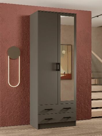 ЛДСП Шкаф дуэт с зеркалом, цвет Графит, двухстворчатый, ширина 80 см, в спальню, в гостиную, мебель для дома с полками