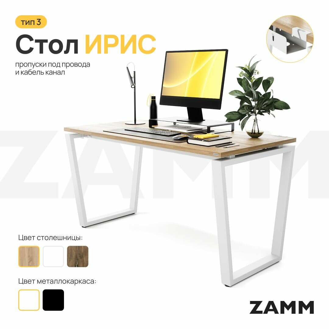 ZAMM Компьютерный стол Лофт, Письменный стол Ирис (Тип 3) с пропусками для проводов и кабель-каналом 100х70х75