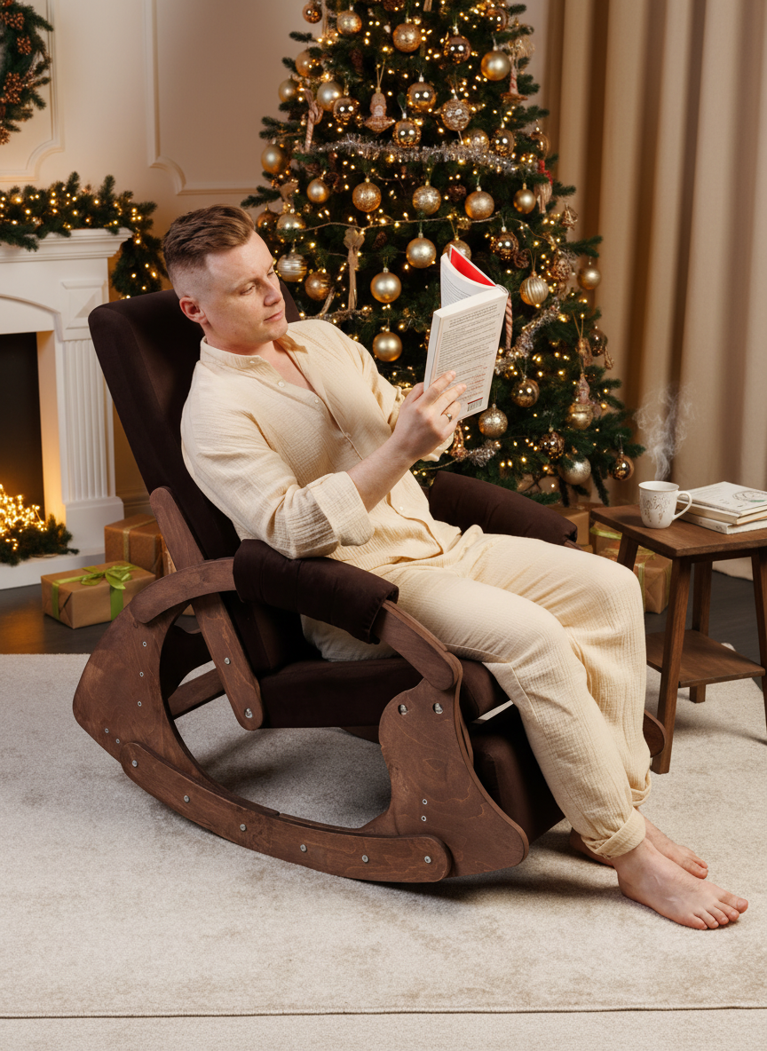 Кресло-качалка с подножкой для дома и дачи "Бриз" от "Мягкой посадки", обивка коричневый велюр