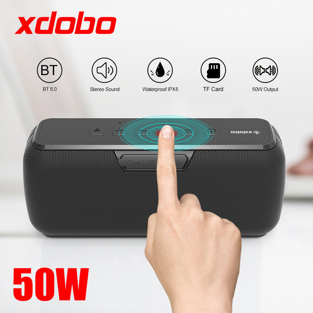 Колонка портативная беспроводная XDOBO X7 50W, технология BT5.0, водонепроницаемая IPX5, черный цвет, материал ABS, RMS 50W, частотный диапазон 80Hz-18KHz, соотношение сигнал/шум 80+2dB, время заряда 3 часа, емкость батареи 6600mAh, вход Type-C 5V/2A,