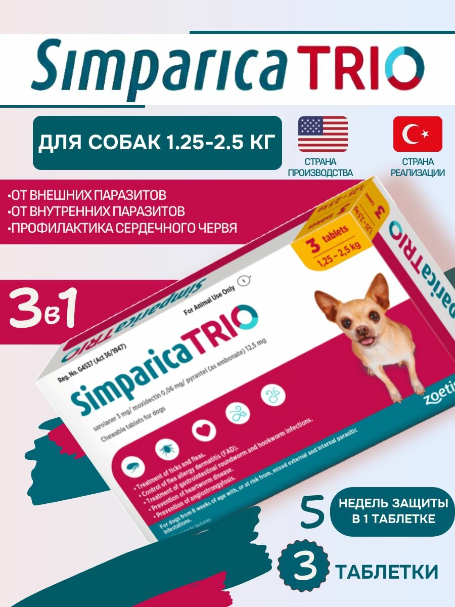 Симпарика трио (Simparica TRIO) для собак весом 1.25 - 2.5 кг от блох и клещей - пачка
