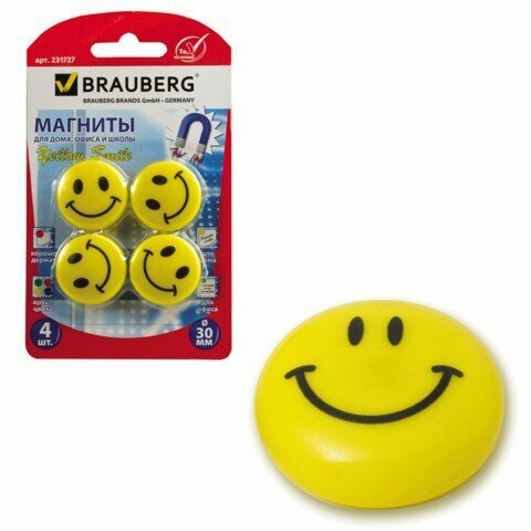 Brauberg Магниты диаметр 30 мм, 4 шт, Смайлики, 231727