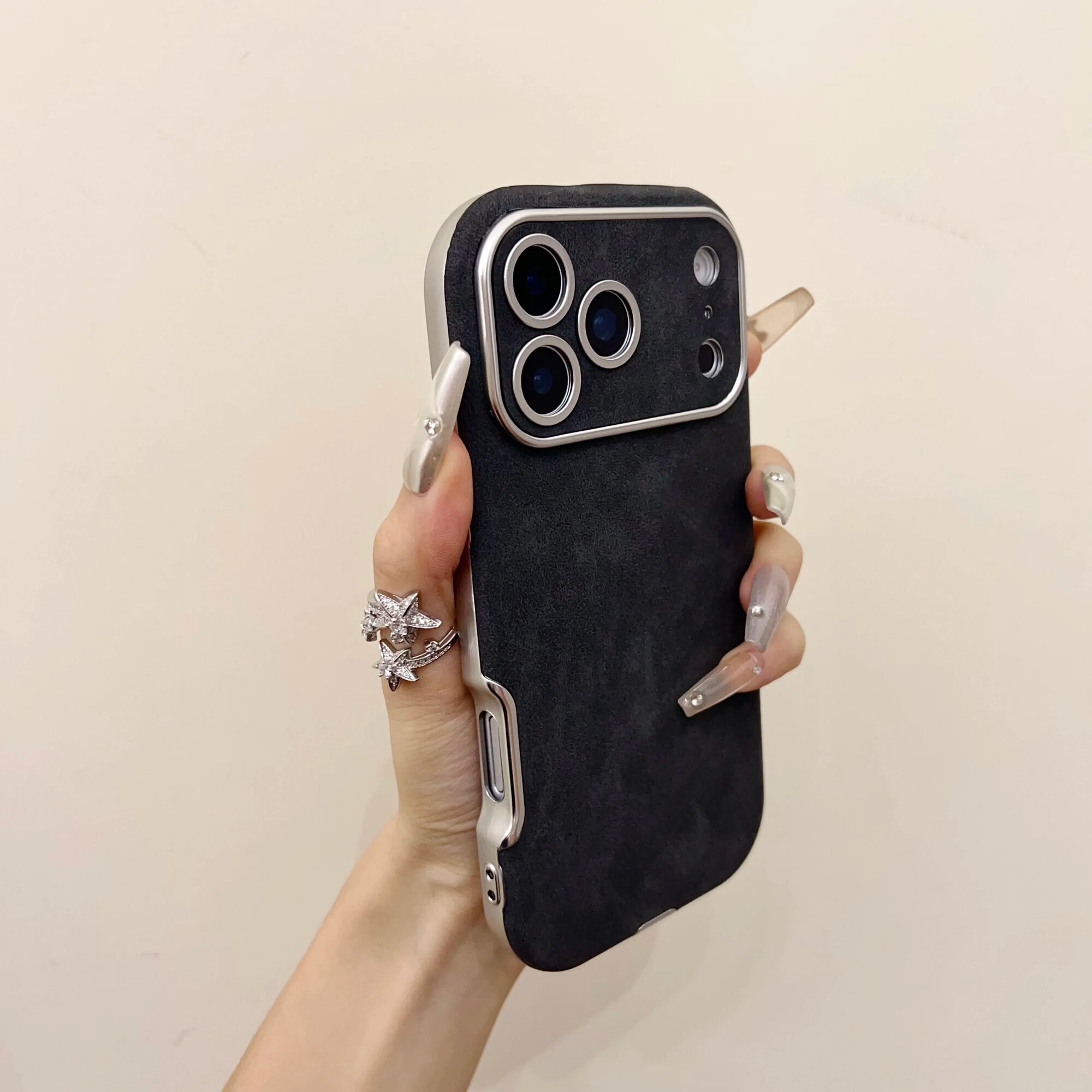Замшевый кожаный защитный чехол с покрытием для iPhone 17, 16, 15, Айфон 13 Про Макс, Черный, Black