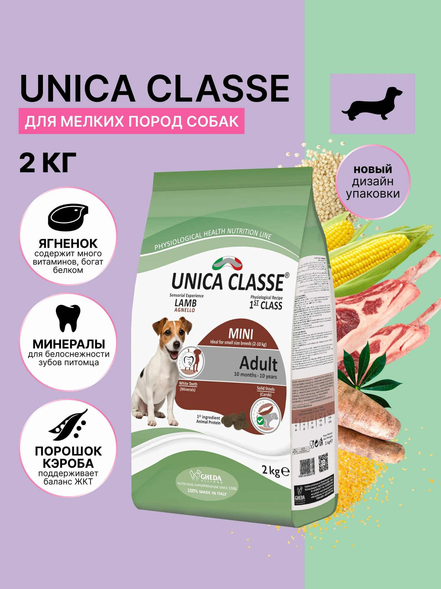 Корм для собак сухой Unica Classe для собак мелких пород, с ягненком, 2 кг.