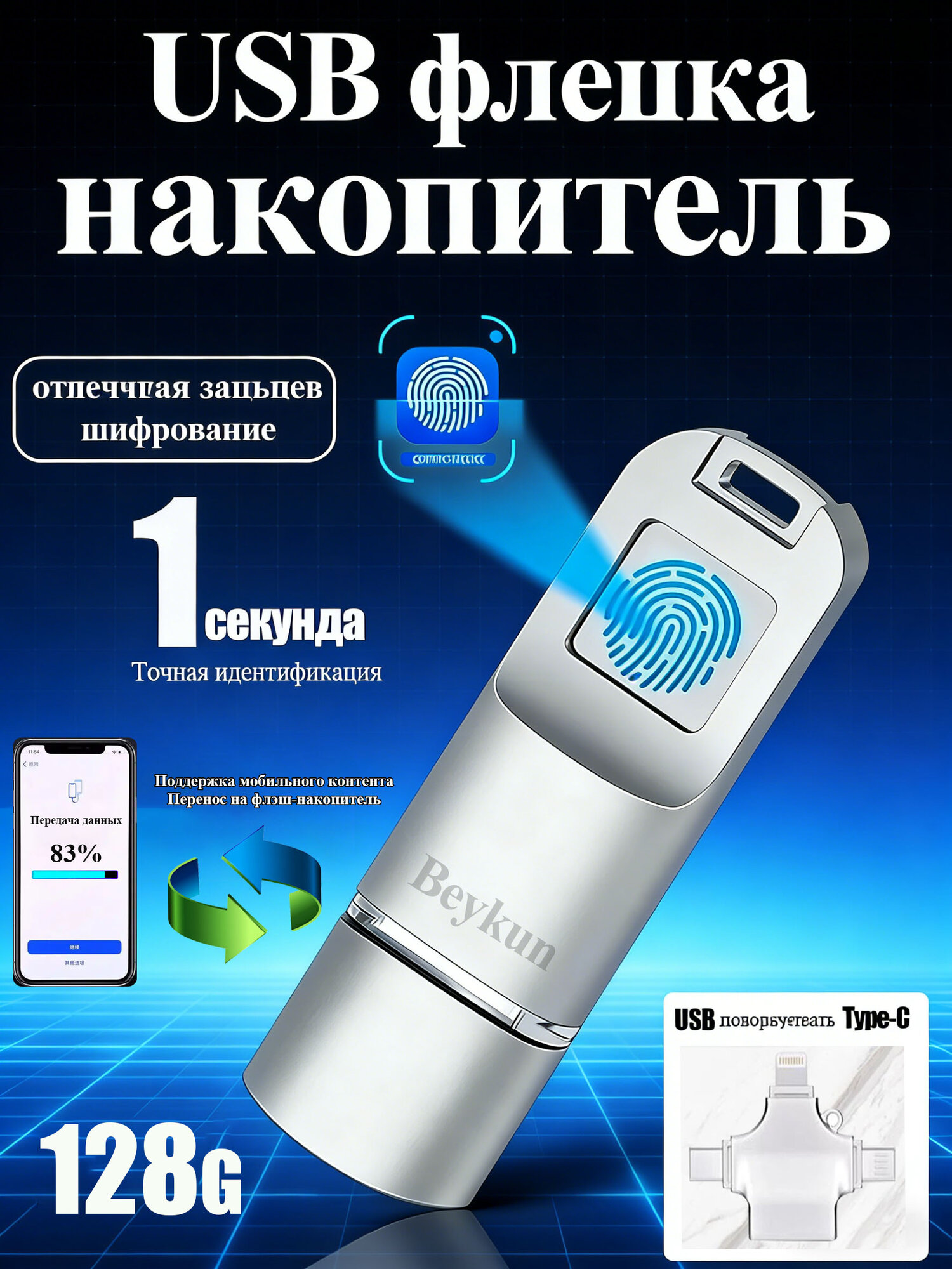 Флэш-накопитель USB3.0, 128G, с адаптером для мобильного телефона Type-C и сканером отпечатков пальцев，портативный