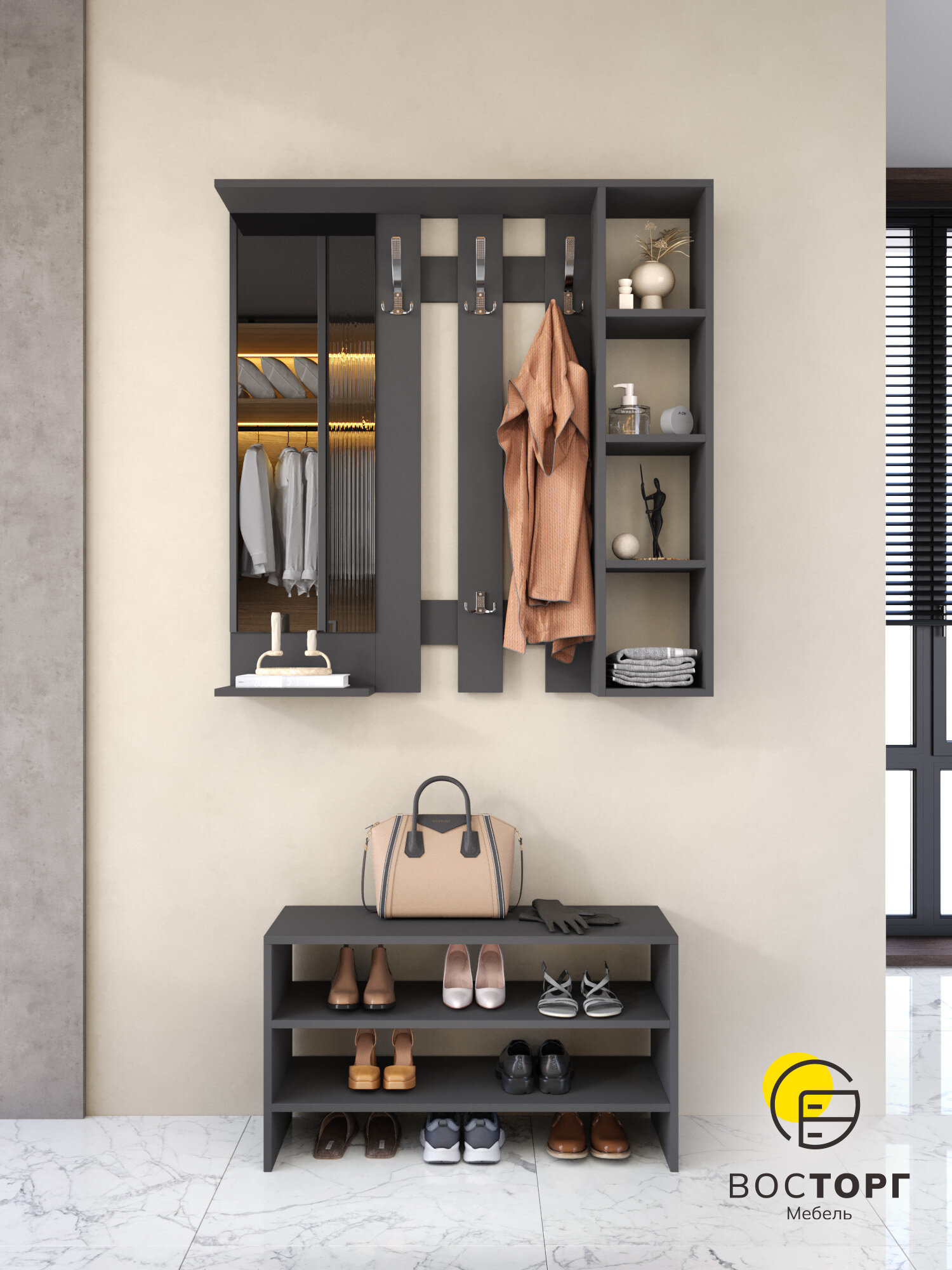 Обувница и вешалка настенная с зеркалом в прихожую комплект венге