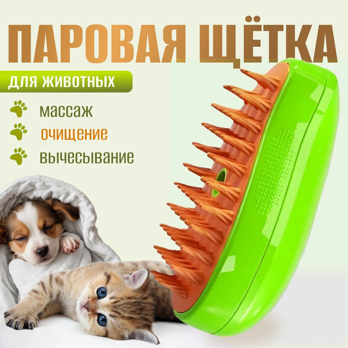 Паровая чесалка с увлажнением для кошек и собак, цвет зелёный, электрическая щетка для удаления волос с помощью спрея для кошек и собак, массажная щетка с увлажнителем