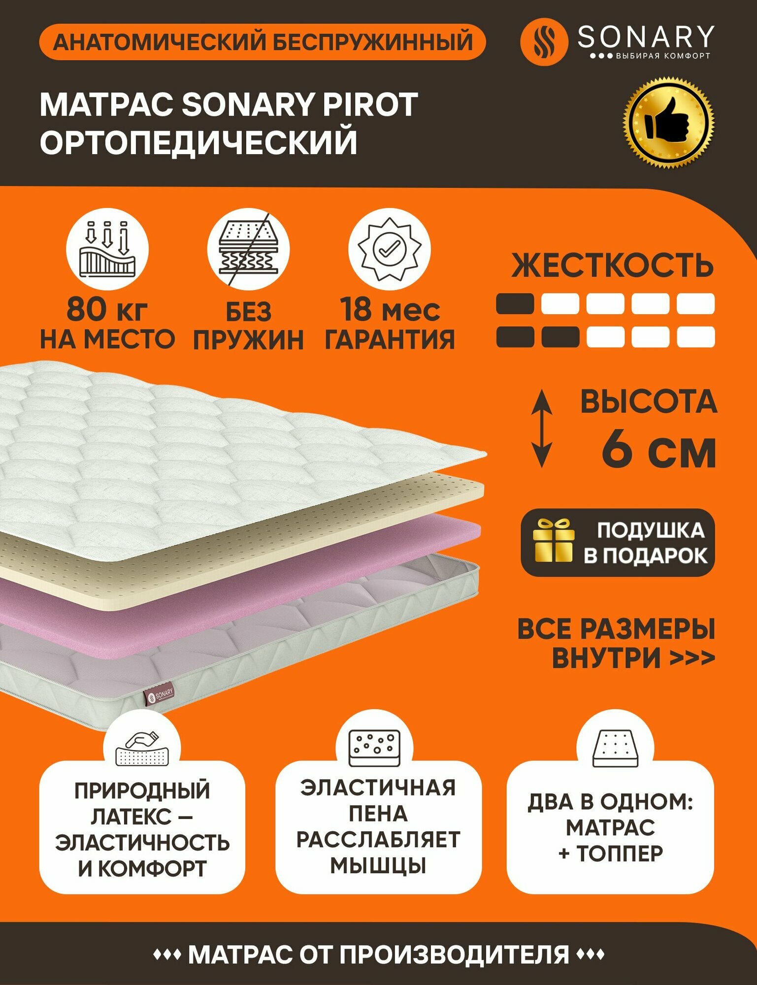 Матрас Sonary Pirot 160х185 серии Foam высота 6 см анатомический средней жесткости мягкий латексный Беспружинный