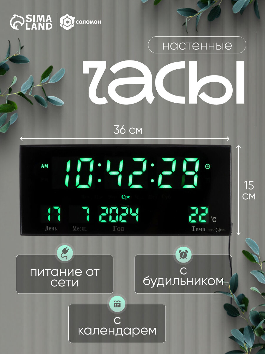 Часы настенные Соломон, электронные, будильник, календарь, зелёная индикация, 36 х 15 х 2,8 см