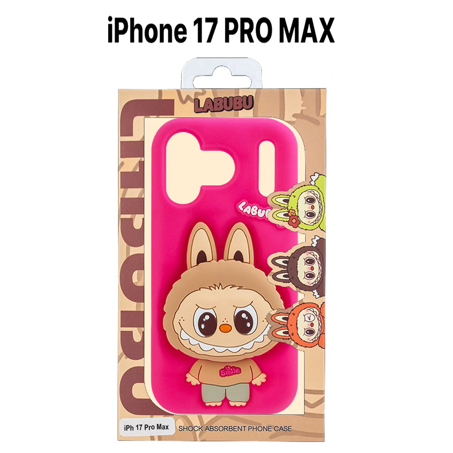 Чехол для Apple iPhone 17 Pro Max Labubu Silicone Case, Лабубу, встроенная подставка попсокет, розовый