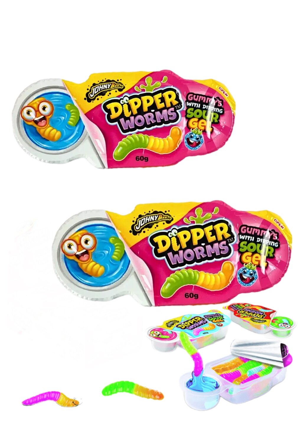 Мармелад червячки + кислый гель Johny Bee Dipper Worms, 60г х 2 шт