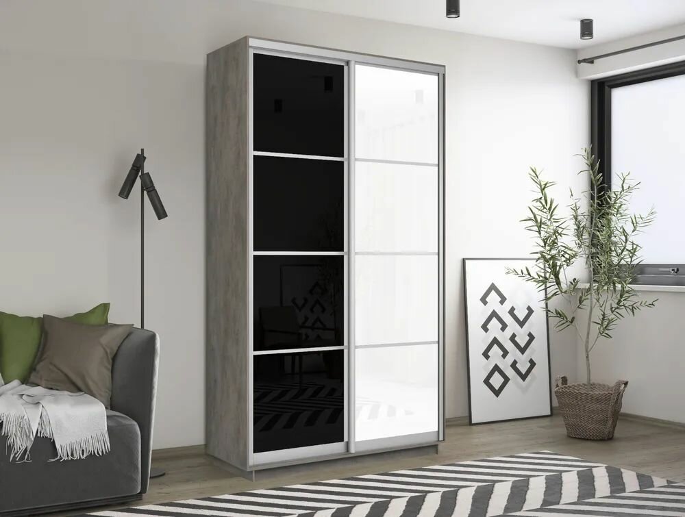 Шкаф-купе Флорида 2дв. (Стекло черное/Стекло белое) профиль серебро, 120х60х220 см. Бетон