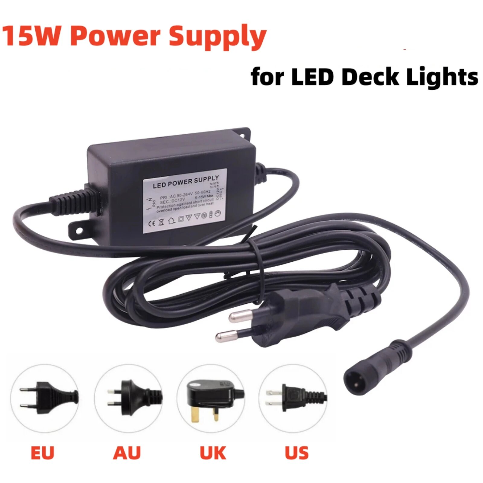 Трансформатор светодиодный 12V 15W EU Plug, водонепроницаемый IP67