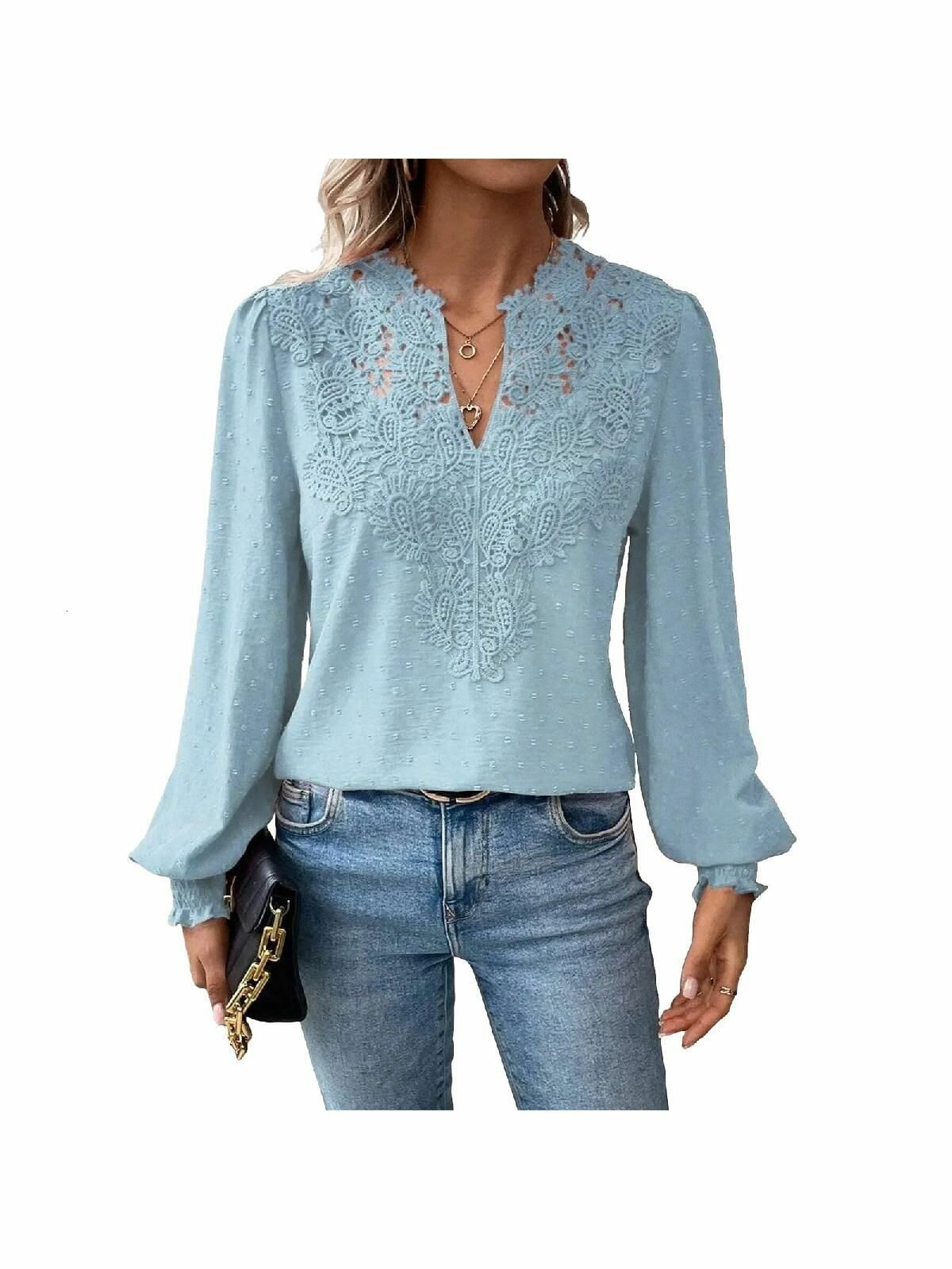Женская блузка с V-образным вырезом и длинными рукавами, Небесно-голубой - S