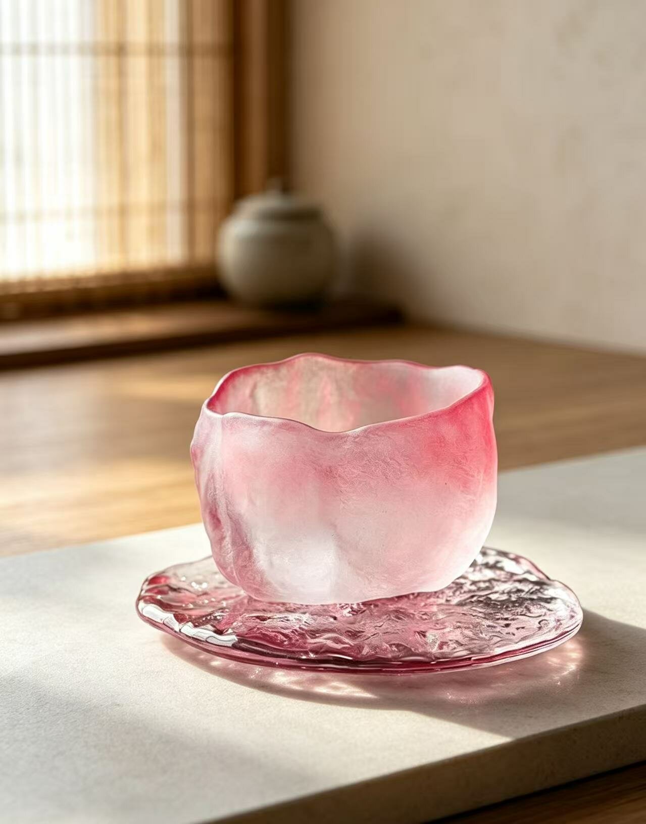 Чайный сервиз в японском стиле с глазурью frozen-yaki, хрустальная чашка, розовый