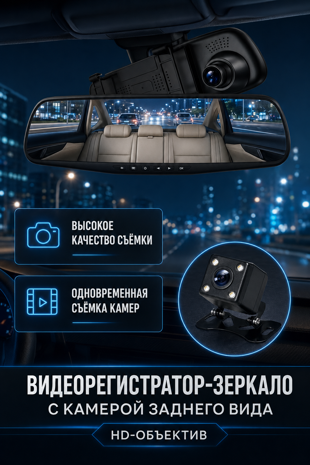 Автомобильный видеорегистратор-зеркало JBH PN10, 2 камеры, 4.3", черный
