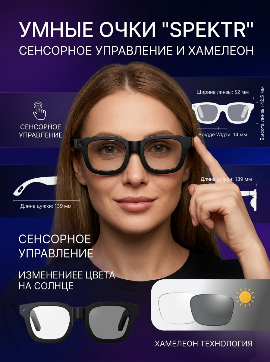 Умные очки AI Smart с камерой и микрофоном, стильные и солнцезащитные черный