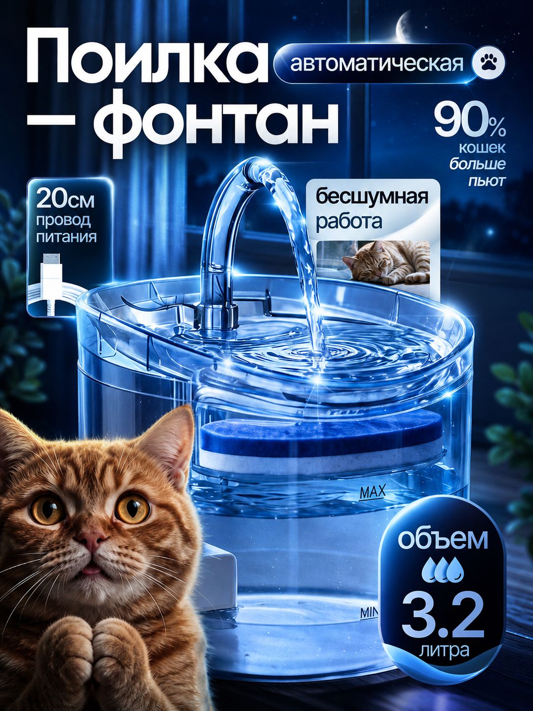 Поилка - фонтан для кошек и собак автоматическая беспроводная