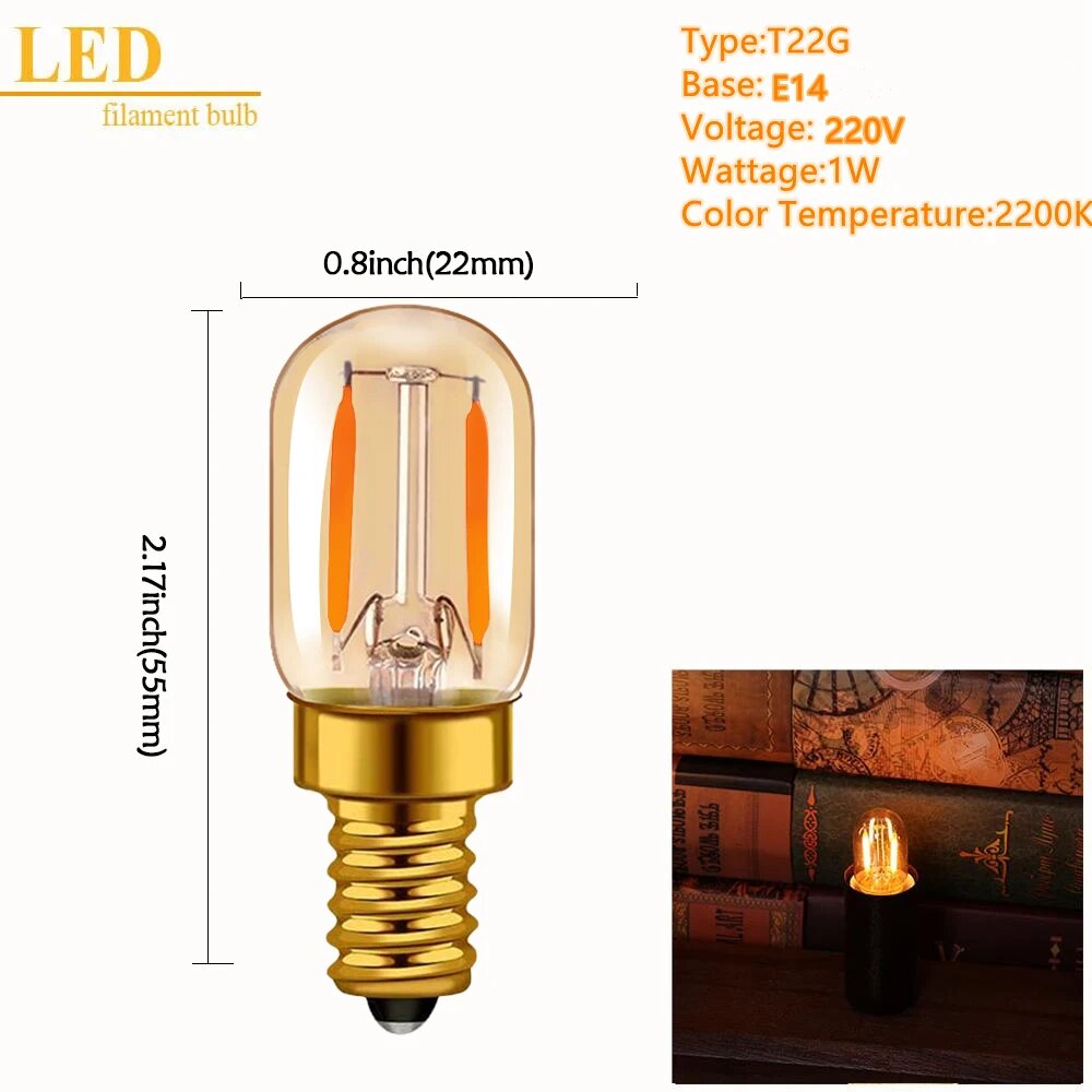 LED лампа T22G E14 2200K 1W, теплый белый свет