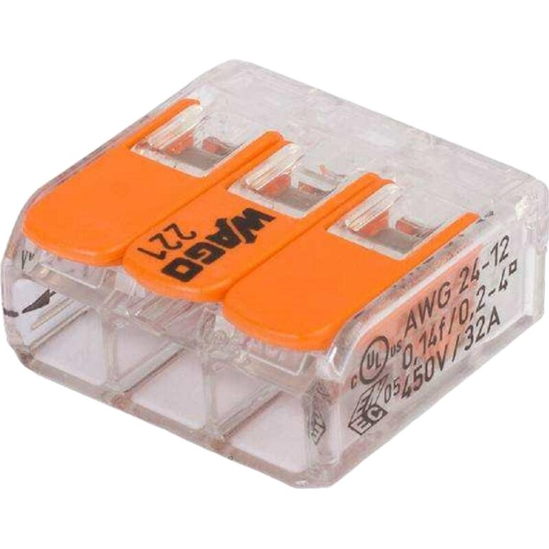 Клеммы Wago с рычажком, 3х4 мм2, 50 шт (221-413)