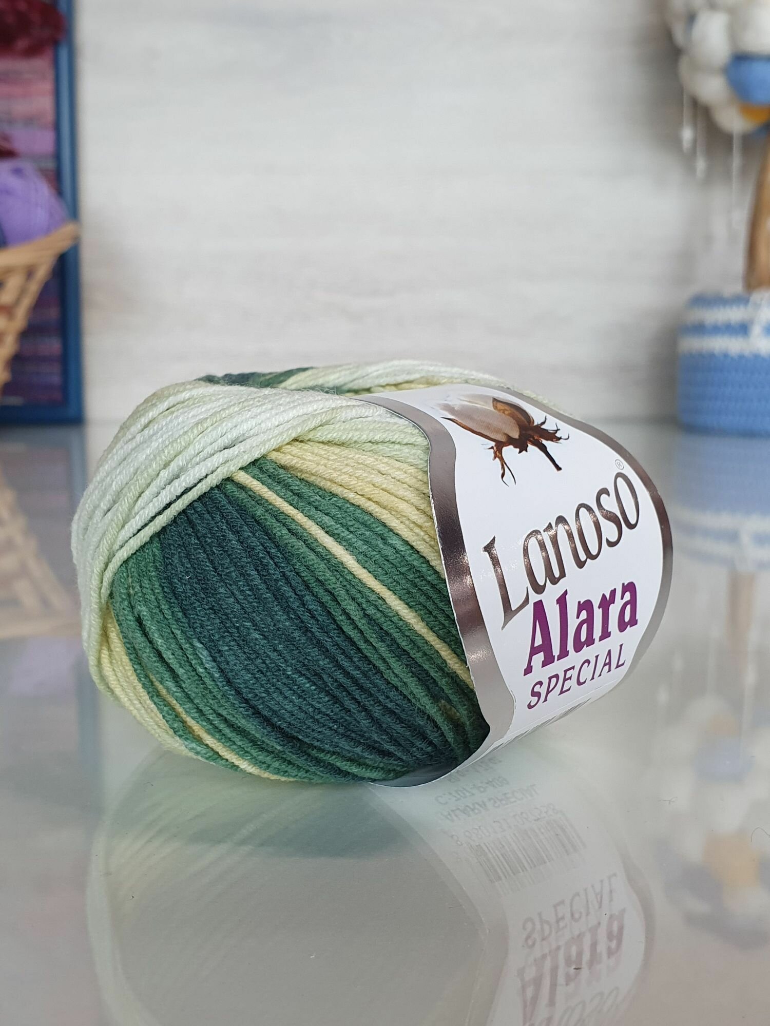 Пряжа Alara special Lanoso, зеленый принт - 707, 50% хлопок, 50% акрил, 5 мотков, 50 г, 140 м.