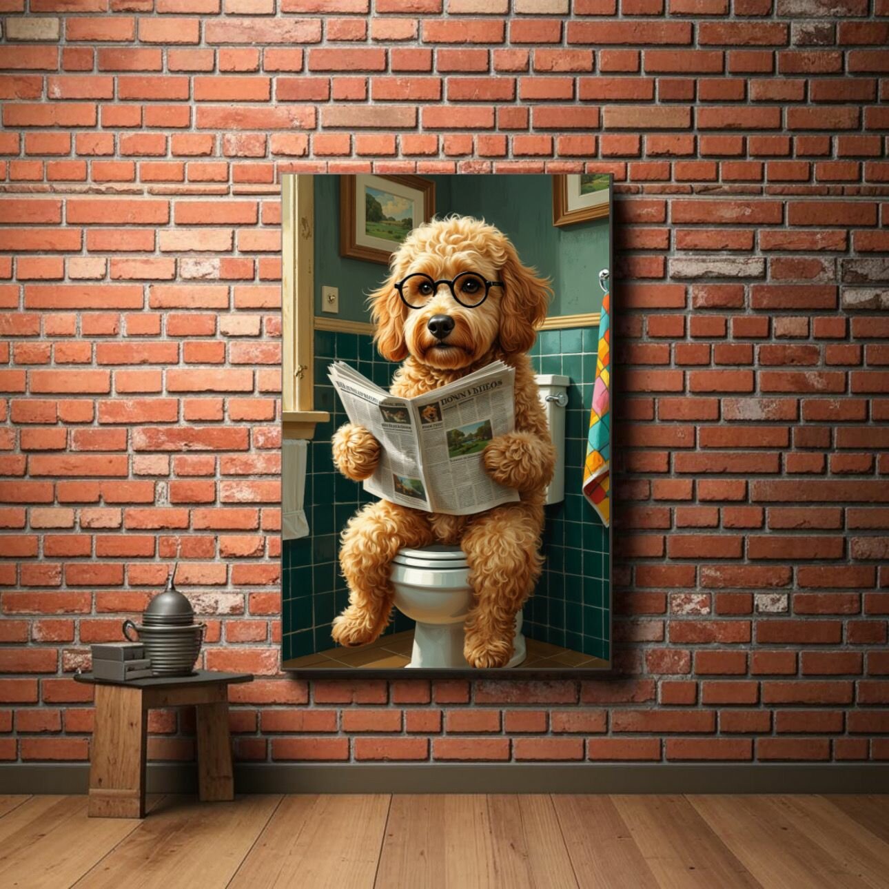 Картина в туалет, Собака читает газету на унитазе, 20*30 см