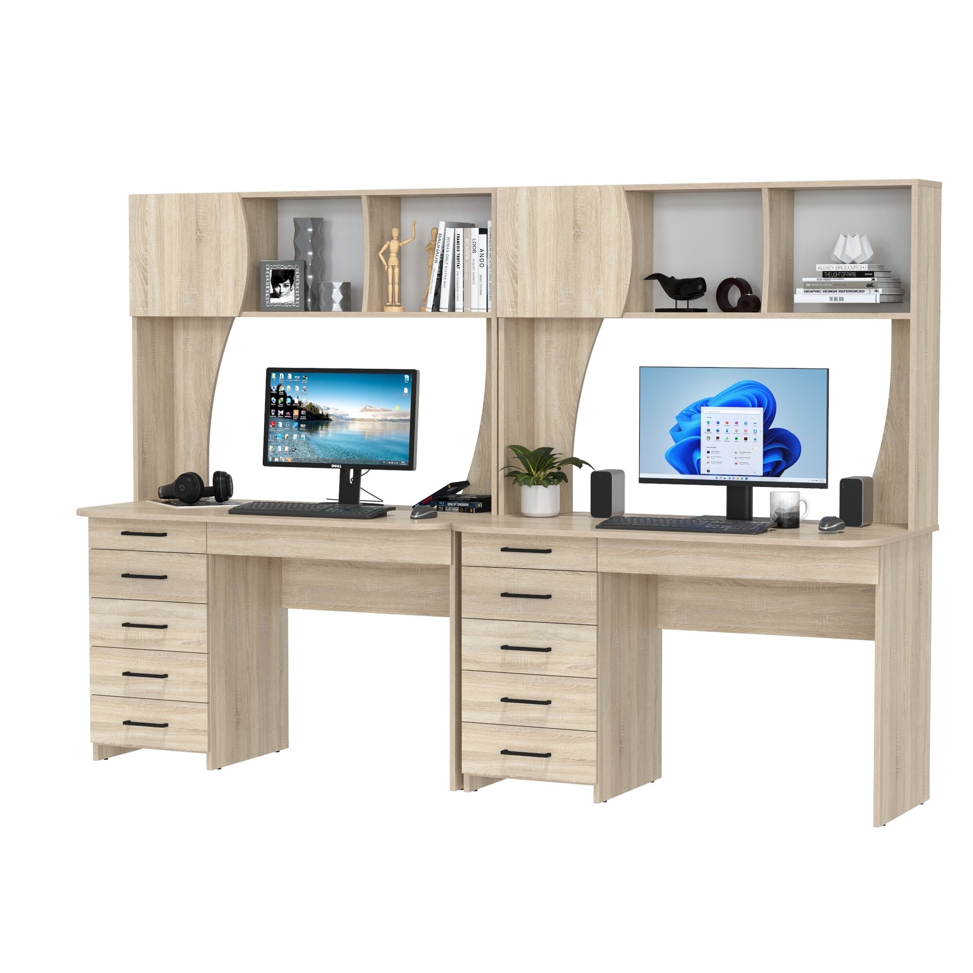 Два стола рабочих Гранд Кволити Сигма для двоих, дуб сонома, 241х60,5х166 см.