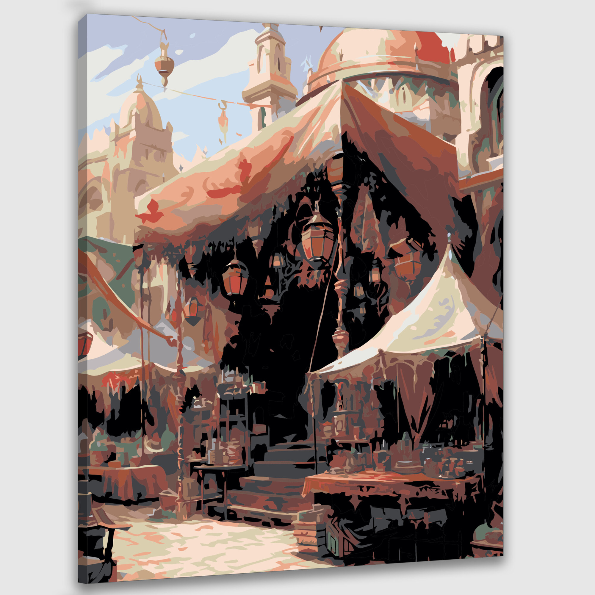 Картина по номерам 40x50 см, акварельная иллюстрация, палатка гадалки, оживленный рынок, яркие ткани