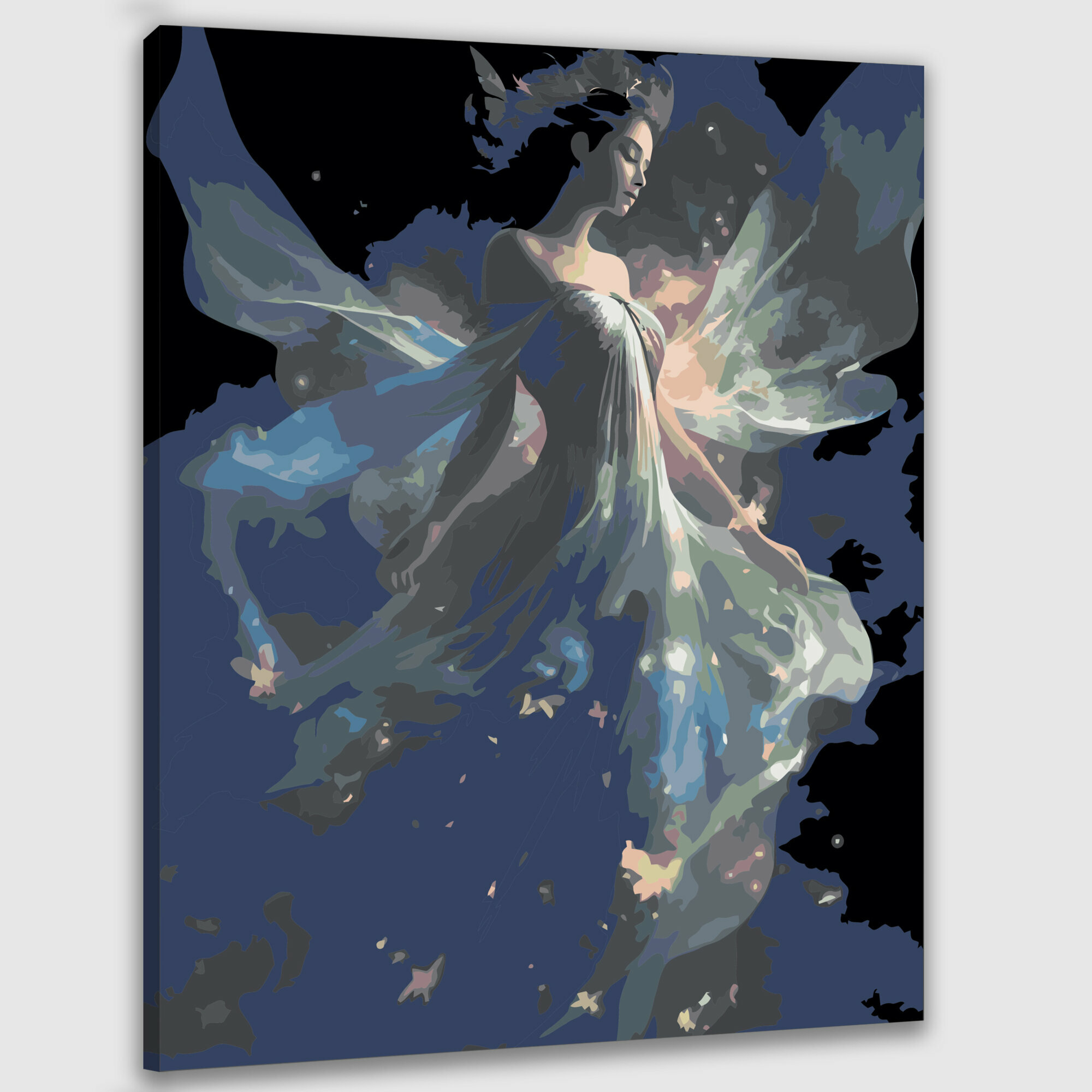 Картина по номерам 40x50 см, фея, воздушная фигура, сверкающее звездное небо, нежные крылья, радужные оттенки, узоры