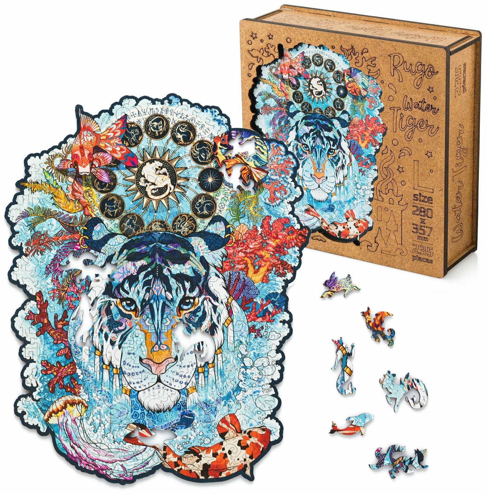 Деревянные пазлы для взрослых и для детей Rugo "Водяной Тигр" 28х36 см, 235 уникальных деталей