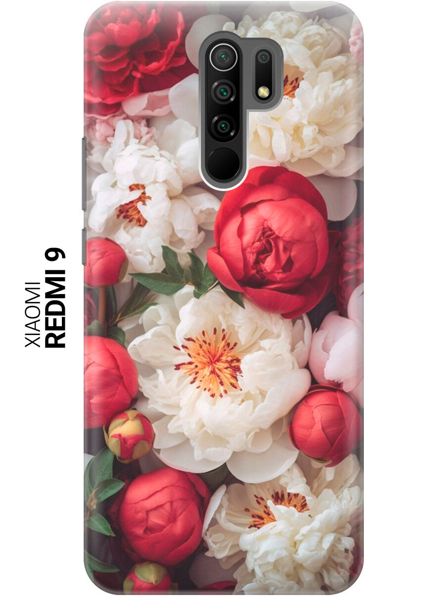 Силиконовый чехол на Xiaomi Redmi 9 / Сяоми Редми 9 с рисунком "Красно-белые пионы"
