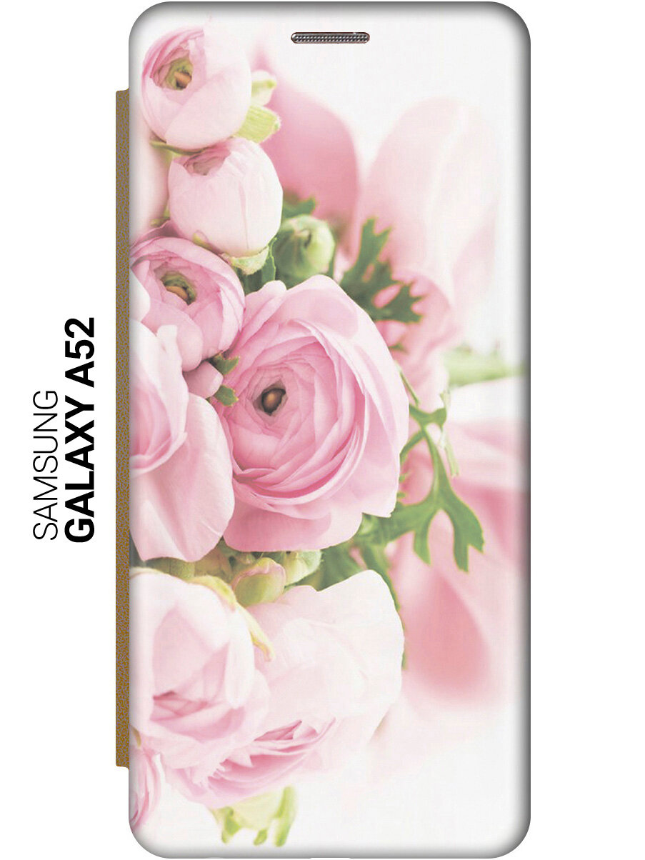 Чехол-книжка на Samsung Galaxy A52, Самсунг А52 с 3D принтом "Розовые розы" золотой