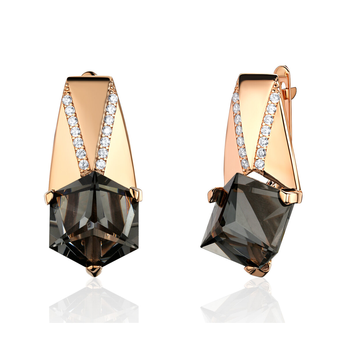 Серьги, красное золото, 585 проба, кварц, фианит