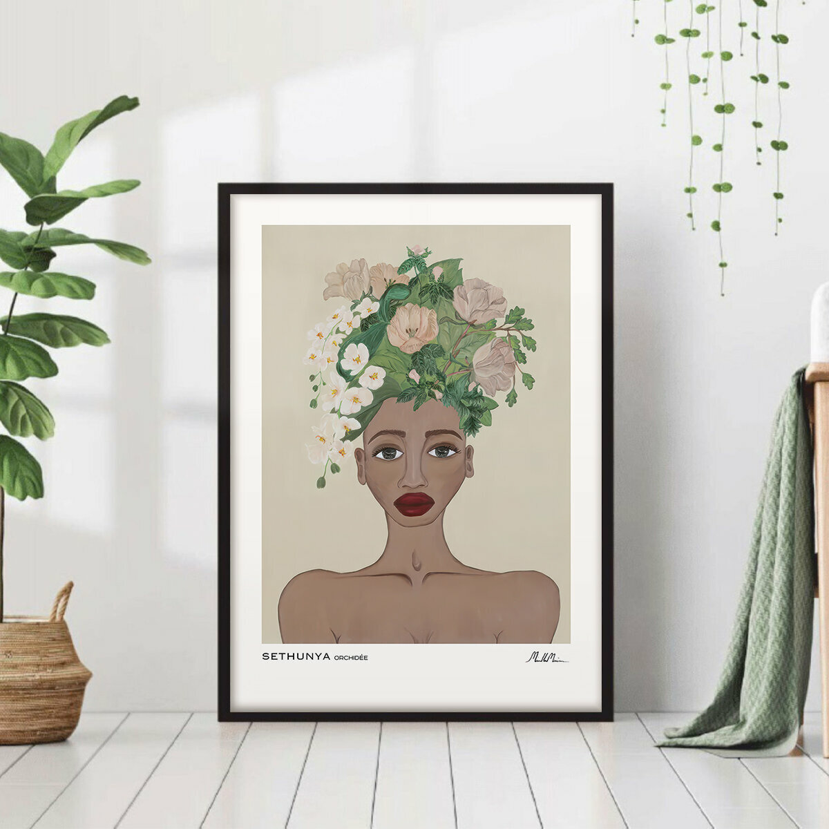 Постер "Мулатка девушка с цветами на голове" в черной рамке 40х50 см для интерьера на стену