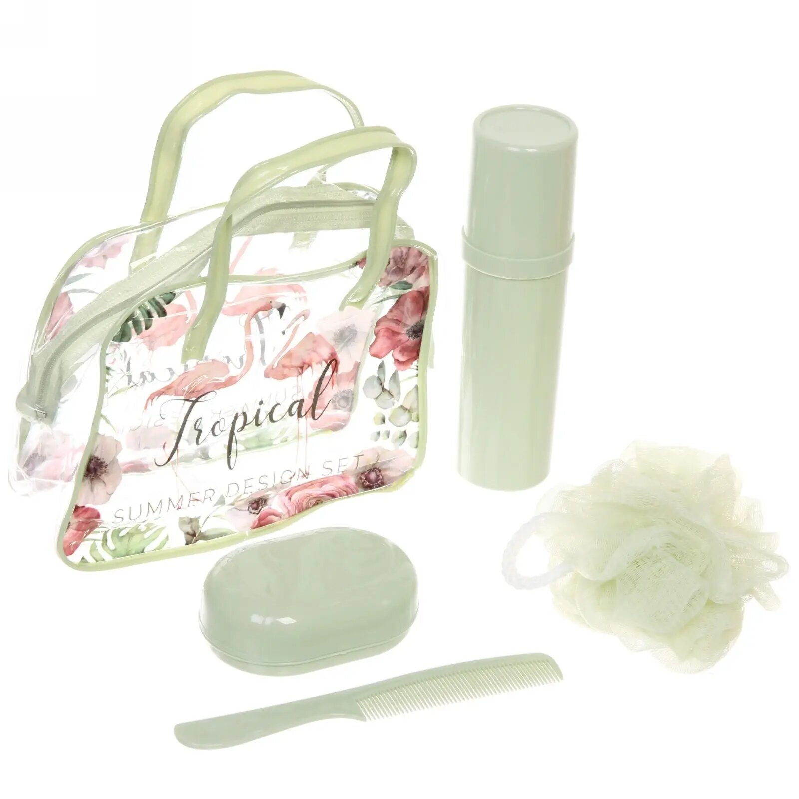 Набор дорожный 'Traveler-Фламинго', 4 предмета, зеленый/прозрачный, 20*16*7см