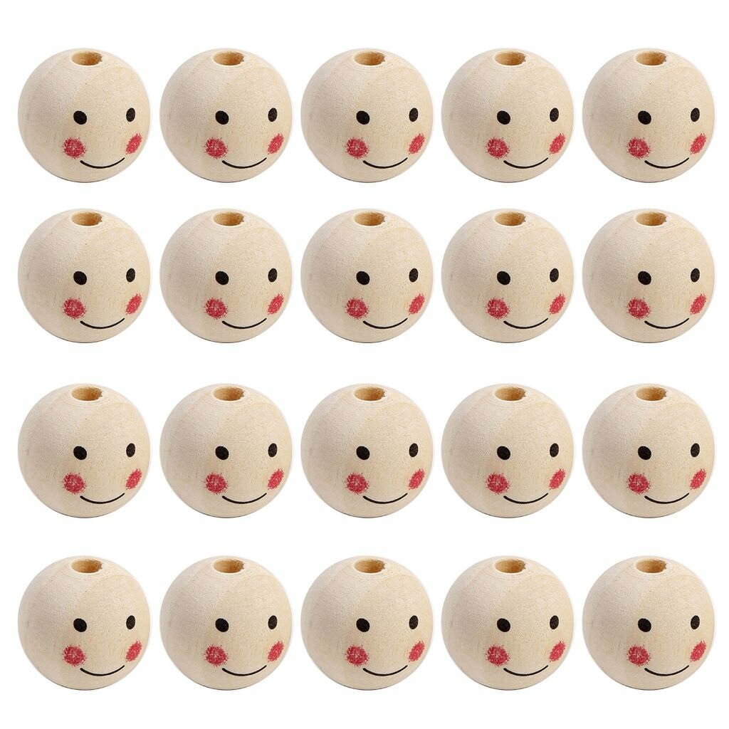 20 шт, круглые деревянные бусины со смайликом-25 мм