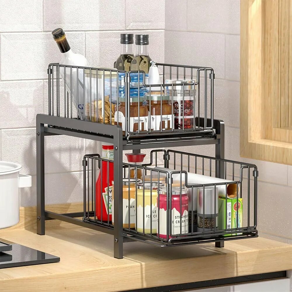 Коробка для хранения XINEST, металлическая, выдвижные полки, 38,5х26х37 см, черная