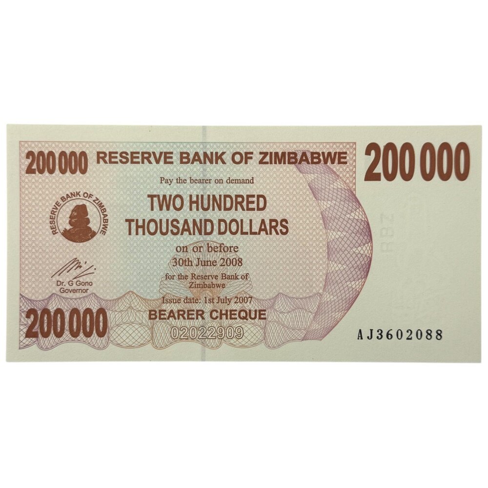 Зимбабве, чек на 200000 долларов 2007 г. (Серия AJ)
