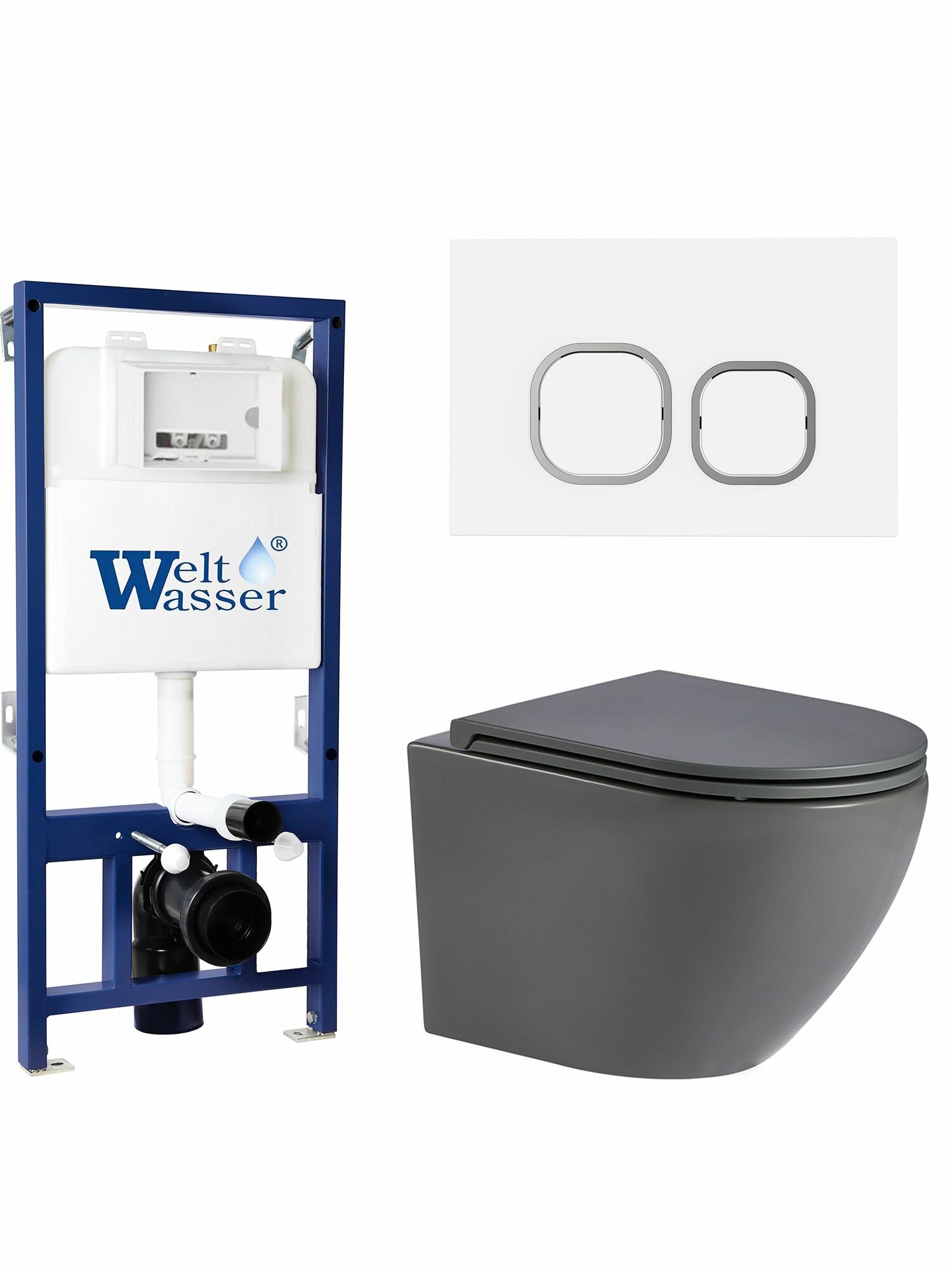 Комплект 6 в 1 WeltWasser: подвесной унитаз MERZBACH 043 MT-GR серый+кнопка смыва BAMBERG WT белый+инсталляция BAMBERG 525