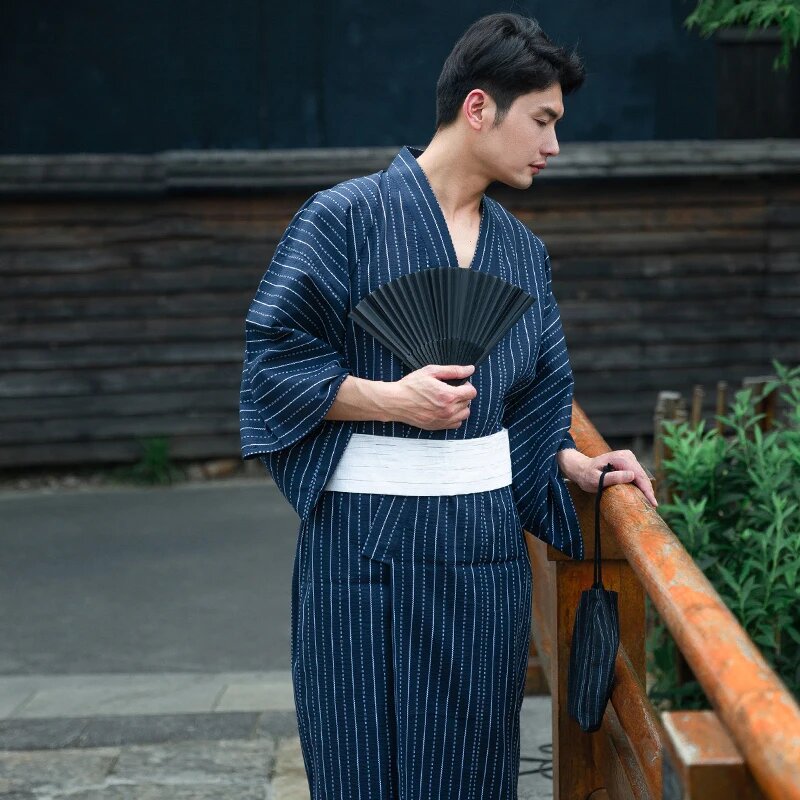 Традиционное японское кимоно, костюм самурая юката, летние мужские длинные халаты с поясом, хлопковый пижамный комплект, мужская одежда для сна, халат Темно-синий, М, 4