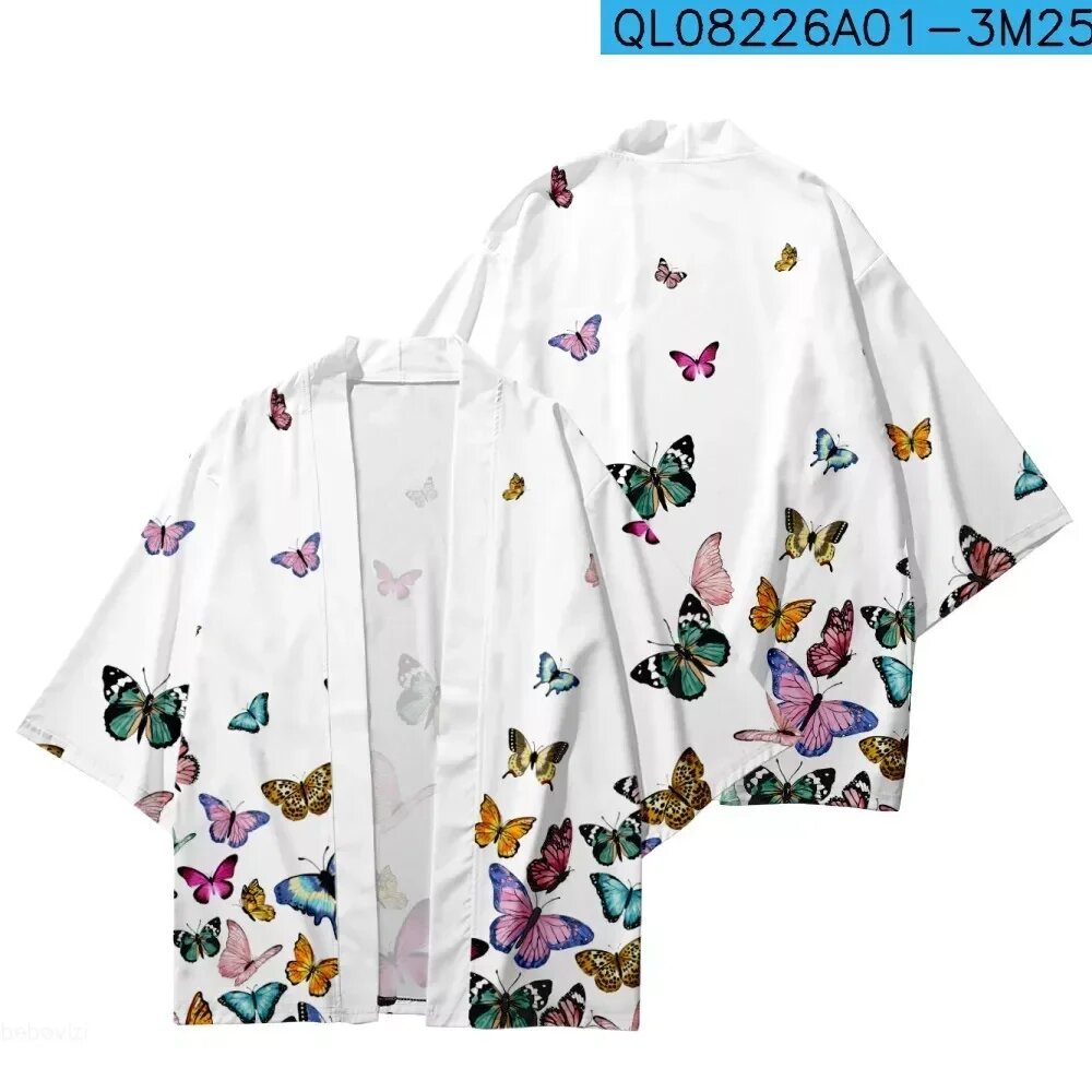 Кимоно с принтом бабочек, белое, S, QL08226A01-tops